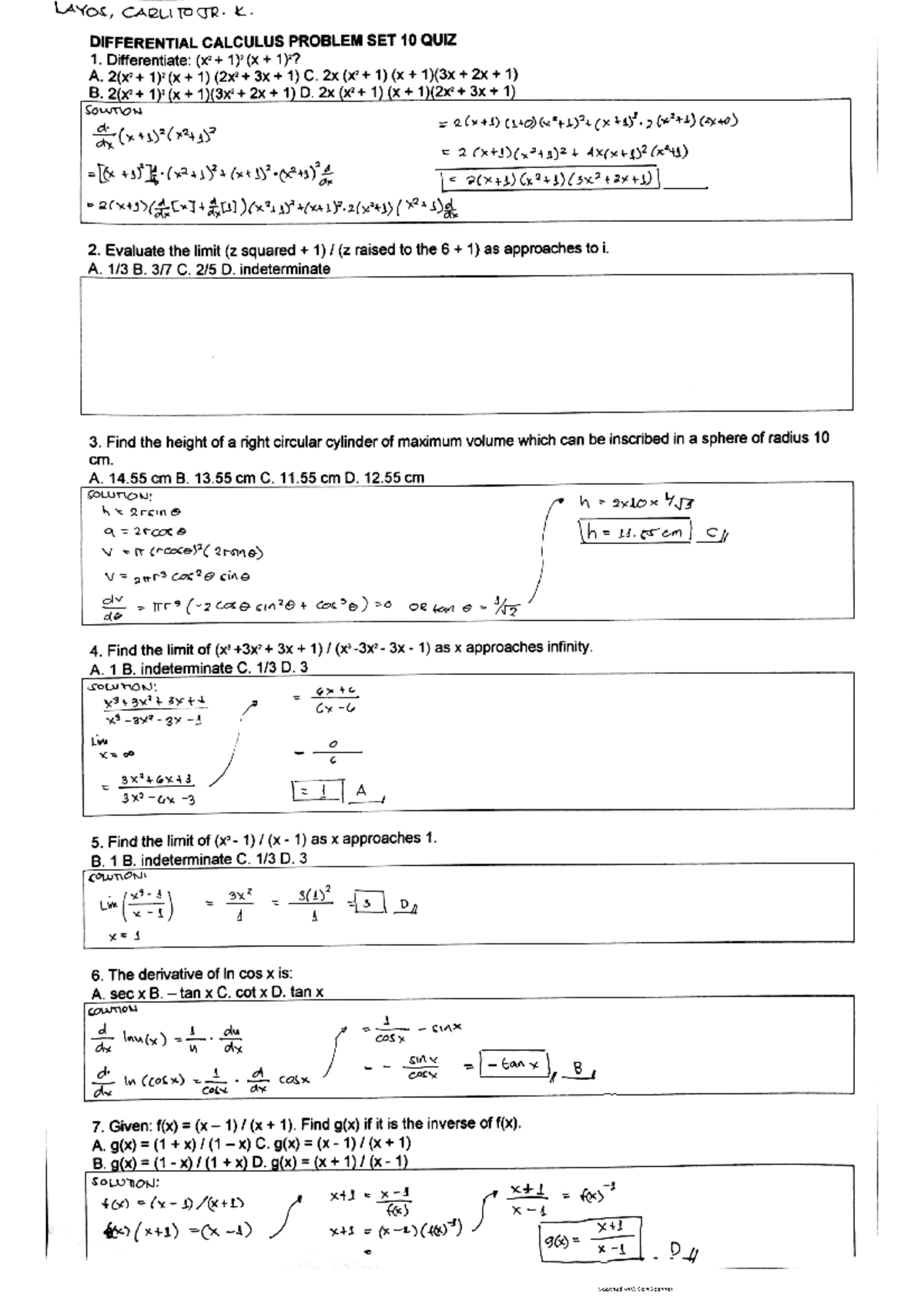 Differential Calculus Problem Set 10 Quiz - BS Electrical Engineering - NVSU - Studocu