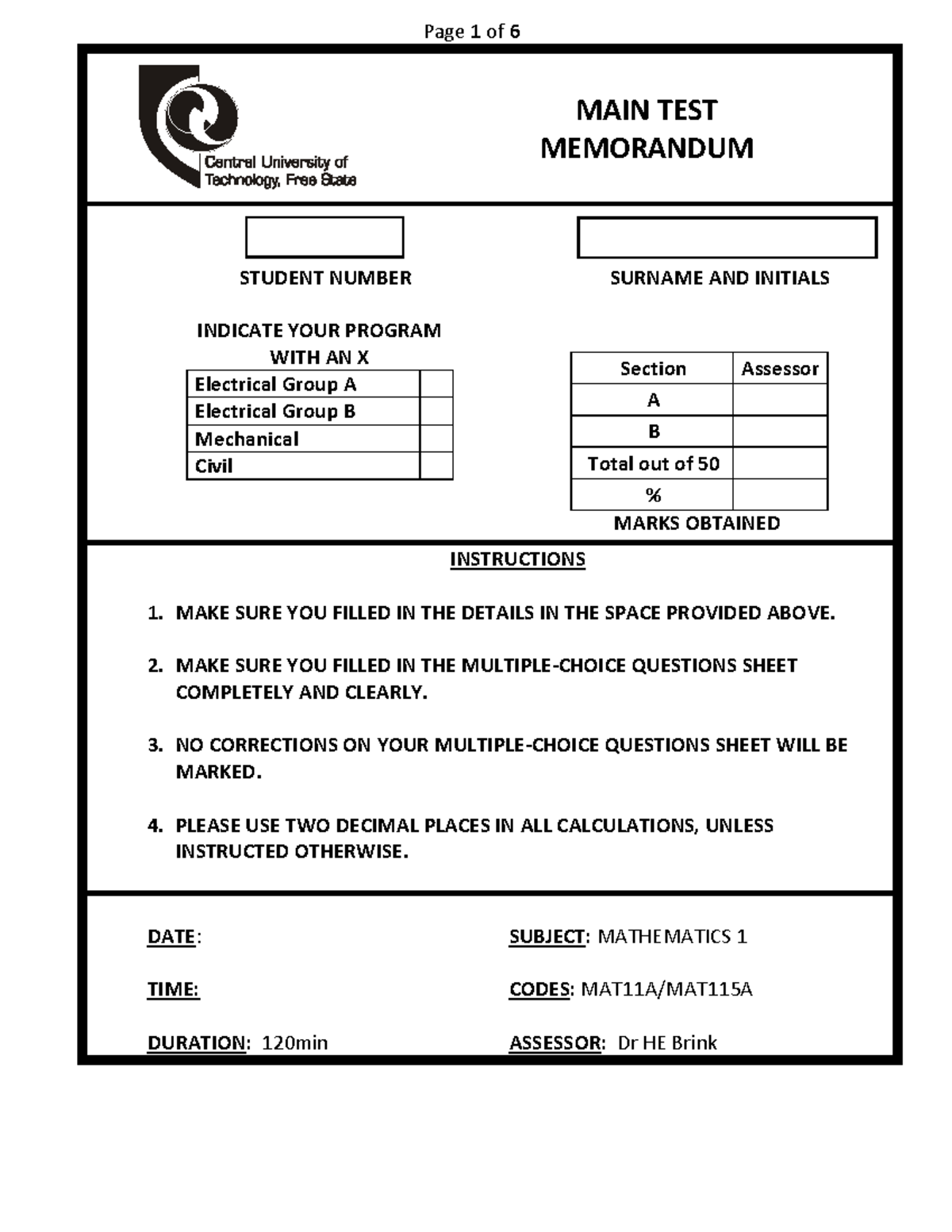 M1 CT2-s1-2024MEMO - MAIN TEST MEMORANDUM INDICATE YOUR PROGRAM WITH AN ...