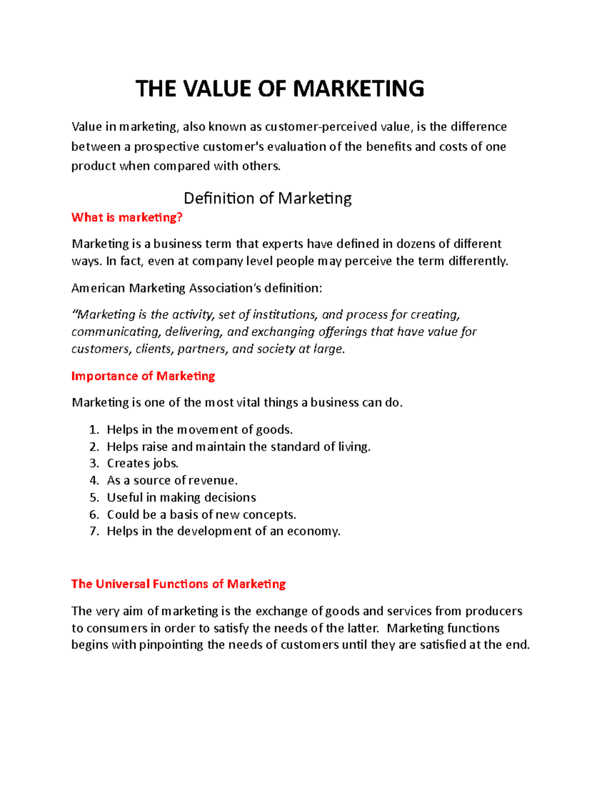 Type written THE Value OF Marketing - THE VALUE OF MARKETING Value in ...