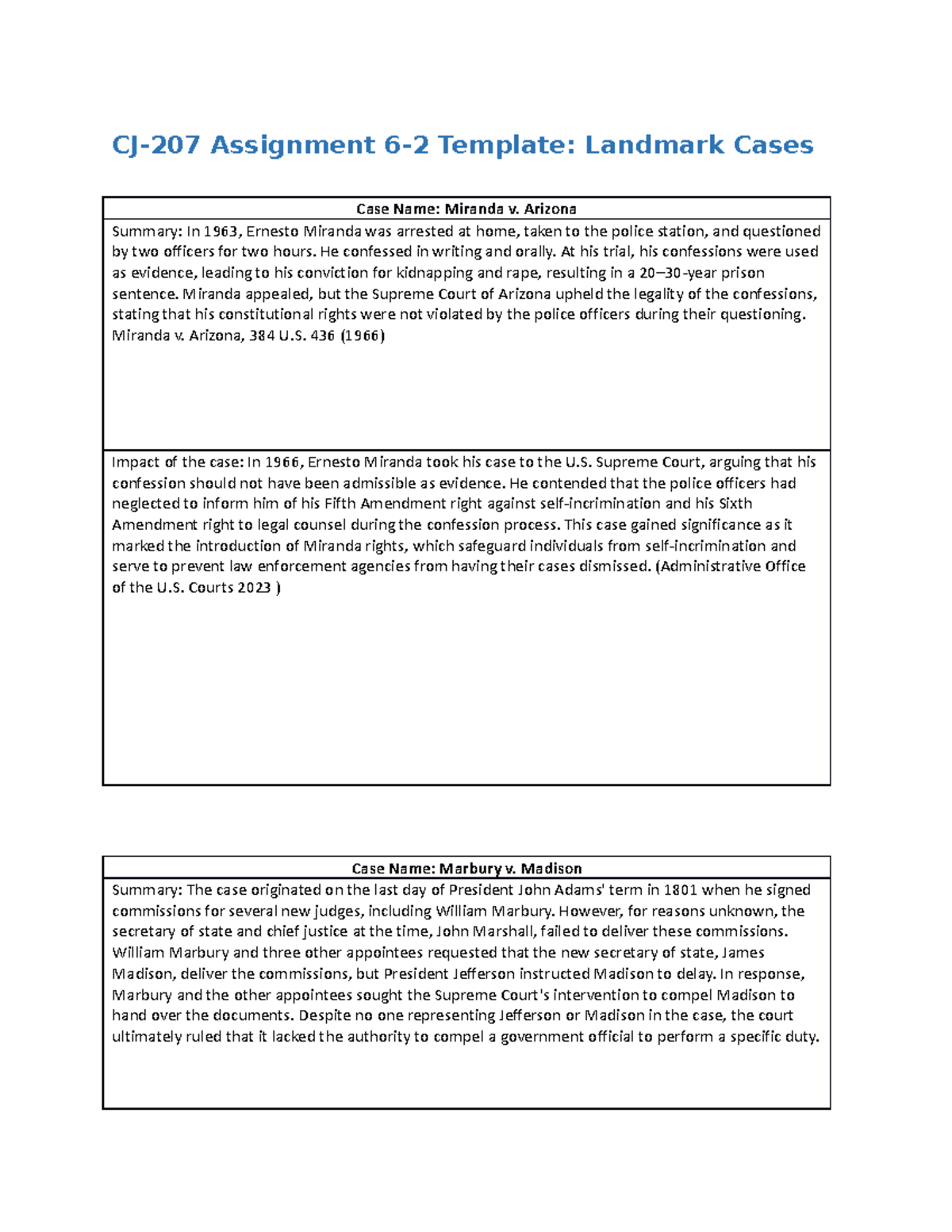 CJ-207 Assignment 6-2 - Template: Landmark Cases · Summary - CJ-207 Assignment 6-2 Template ...