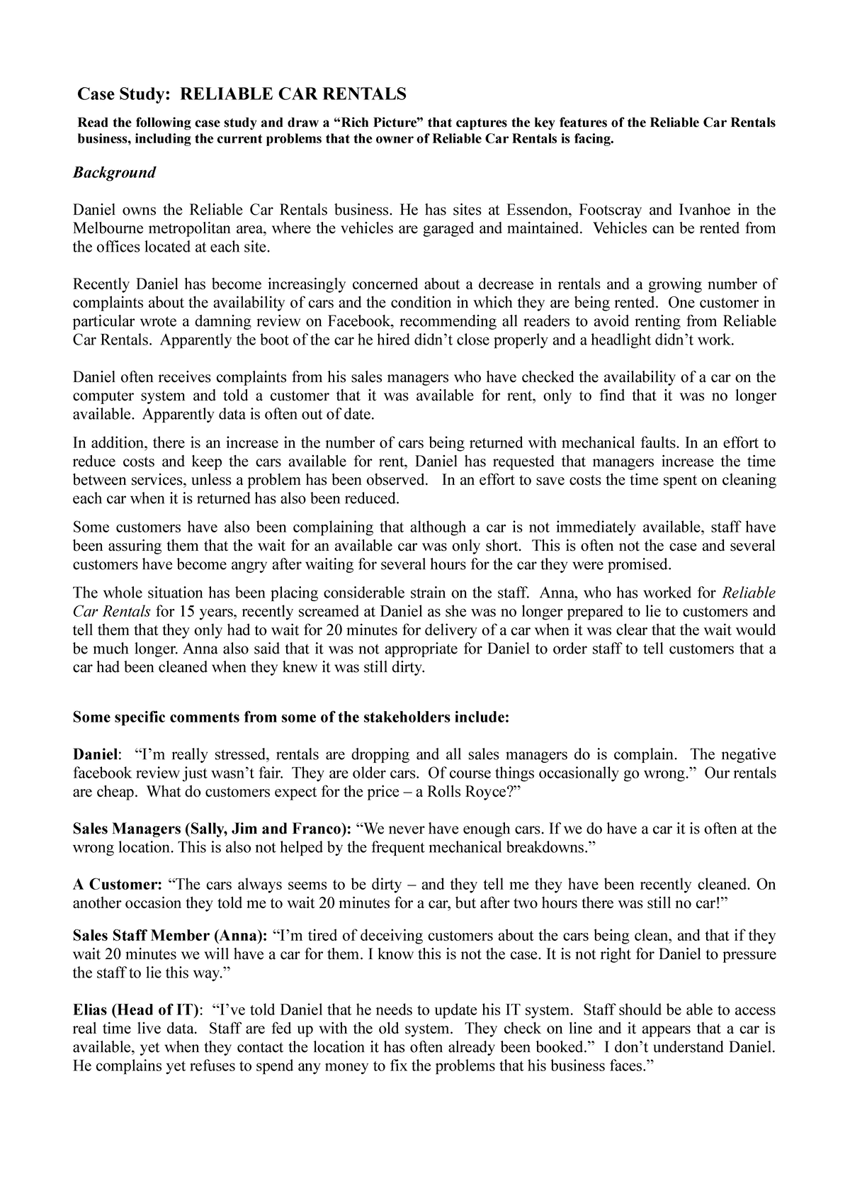 Rich Picture case study Reliable Car Rentals - Case Study: RELIABLE CAR ...