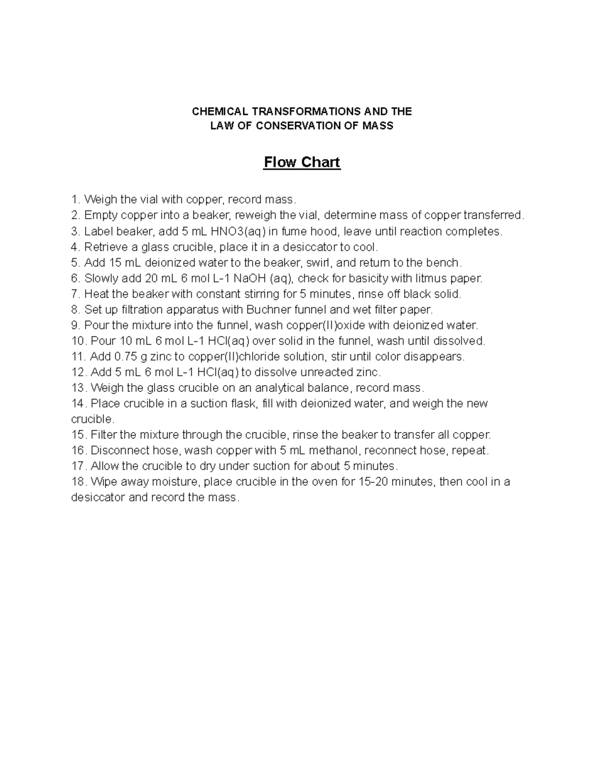 Flow chart - CHEMICAL TRANSFORMATIONS AND THE LAW OF CONSERVATION OF ...