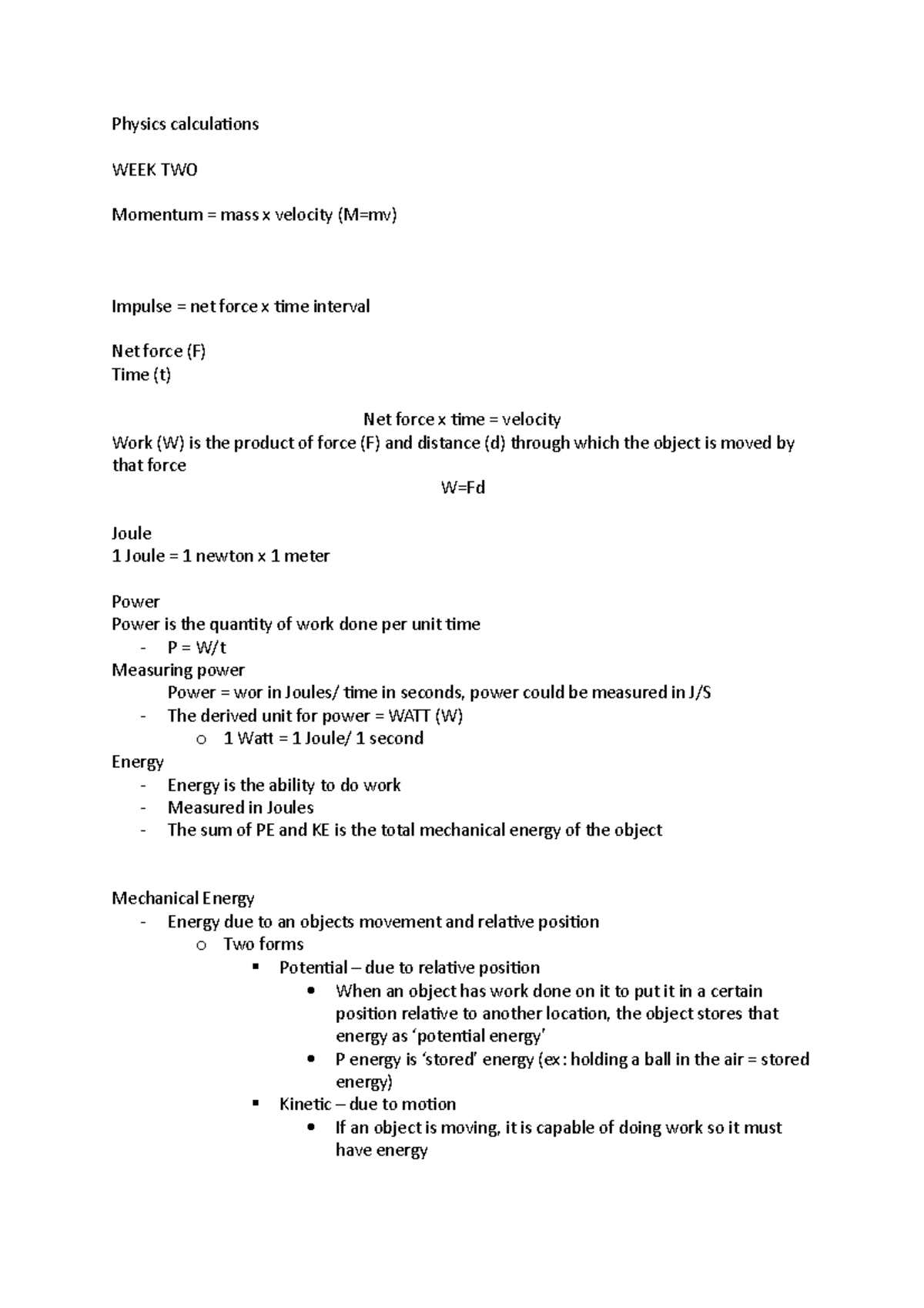 Physics calculations - Physics calculations WEEK TWO Momentum = mass x ...