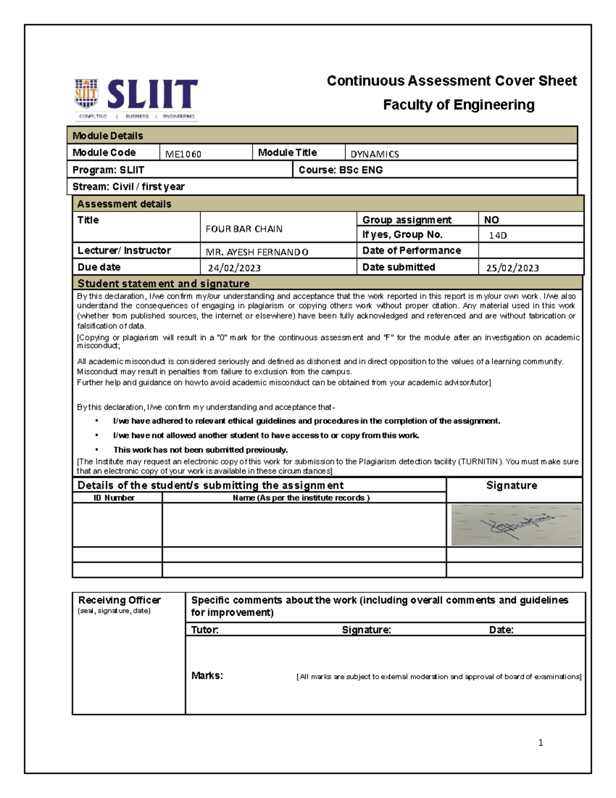 Four bar chain - Continuous Assessment Cover Sheet Faculty of ...