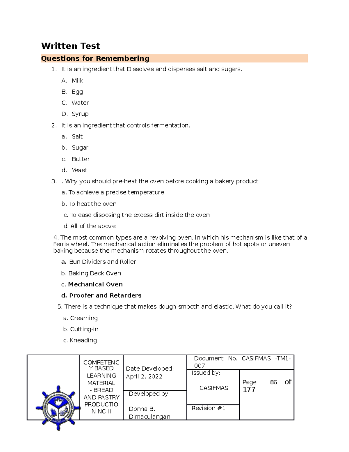 7 Written TEST - NONE - Written Test Questions for Remembering It is an ...