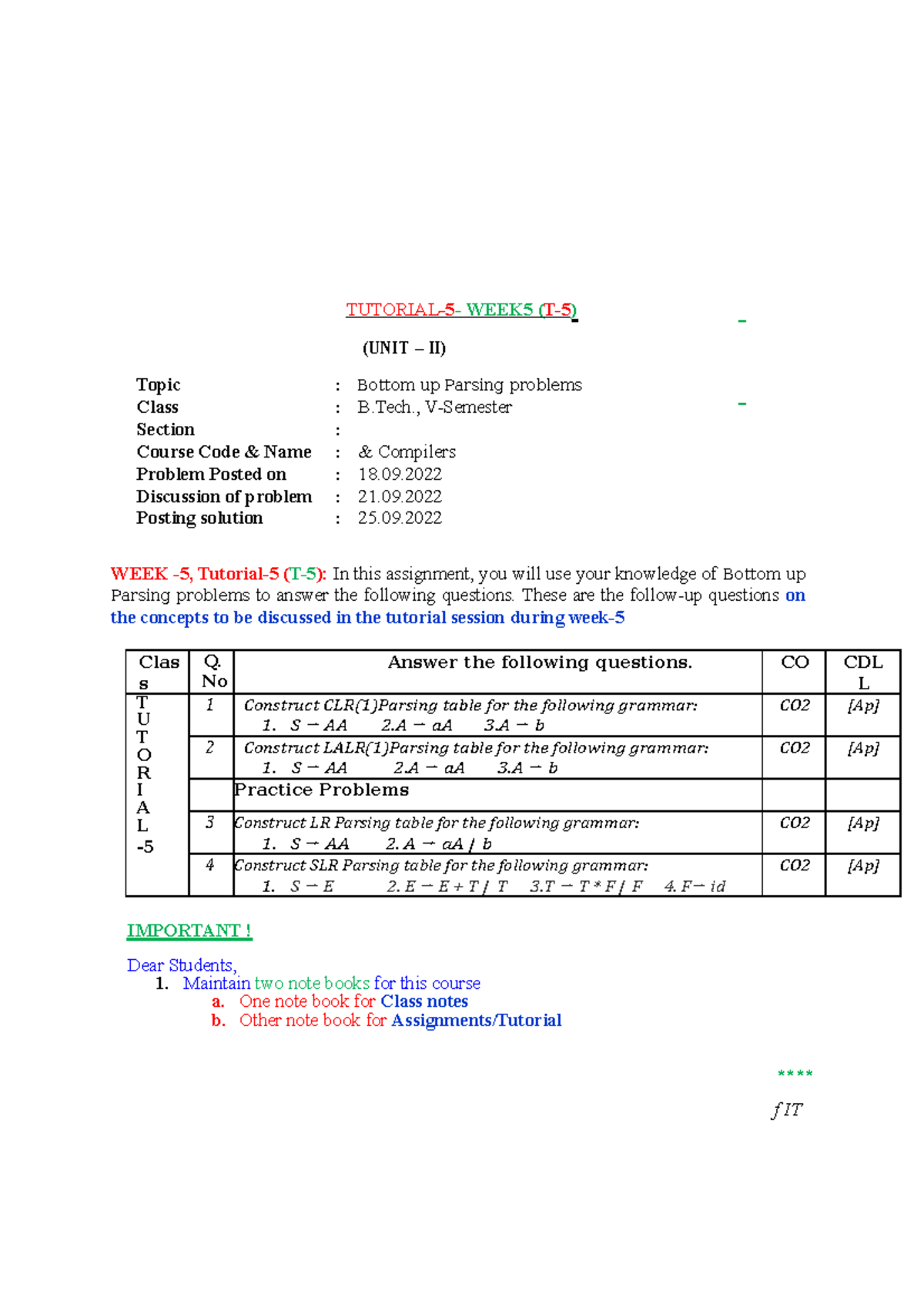 CPL T518.9.2022 de - Ndnxnx - TUTORIAL-5- WEEK5 (T-5) (UNIT – II) Topic ...