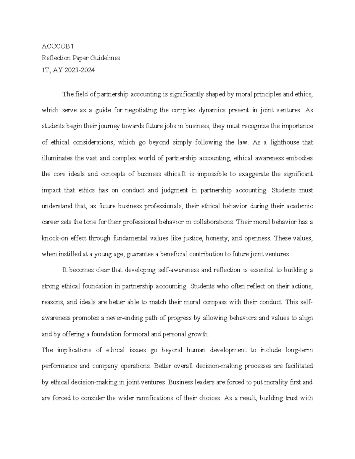 A Cccob 1 Reflection Paper - ACCCOB Reflection Paper Guidelines 1T, AY 2023- The field of - Studocu