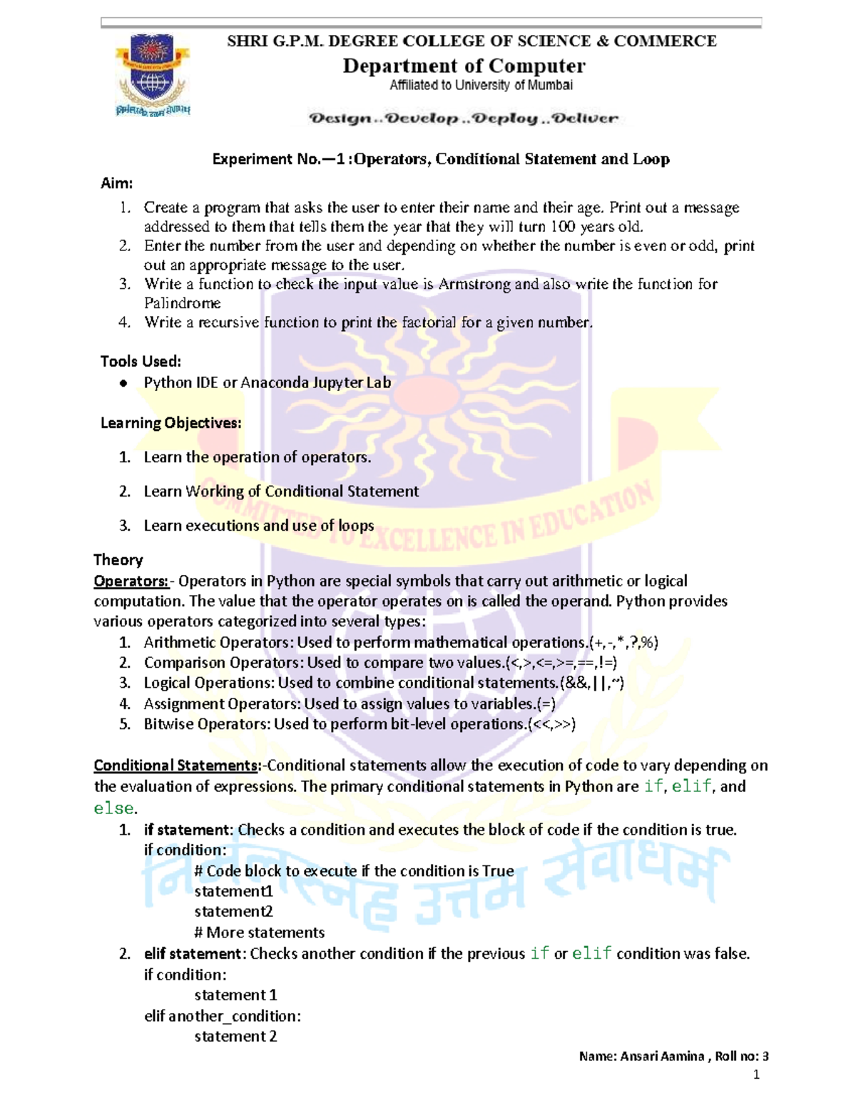 Practical python (1) (Repaired) (1) (1) - Name: Ansari Aamina , Roll no ...