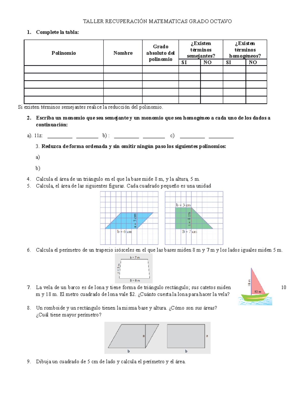 Taller Recuperación Matematicas Grado Octavo - TALLER RECUPERACIÓN ...
