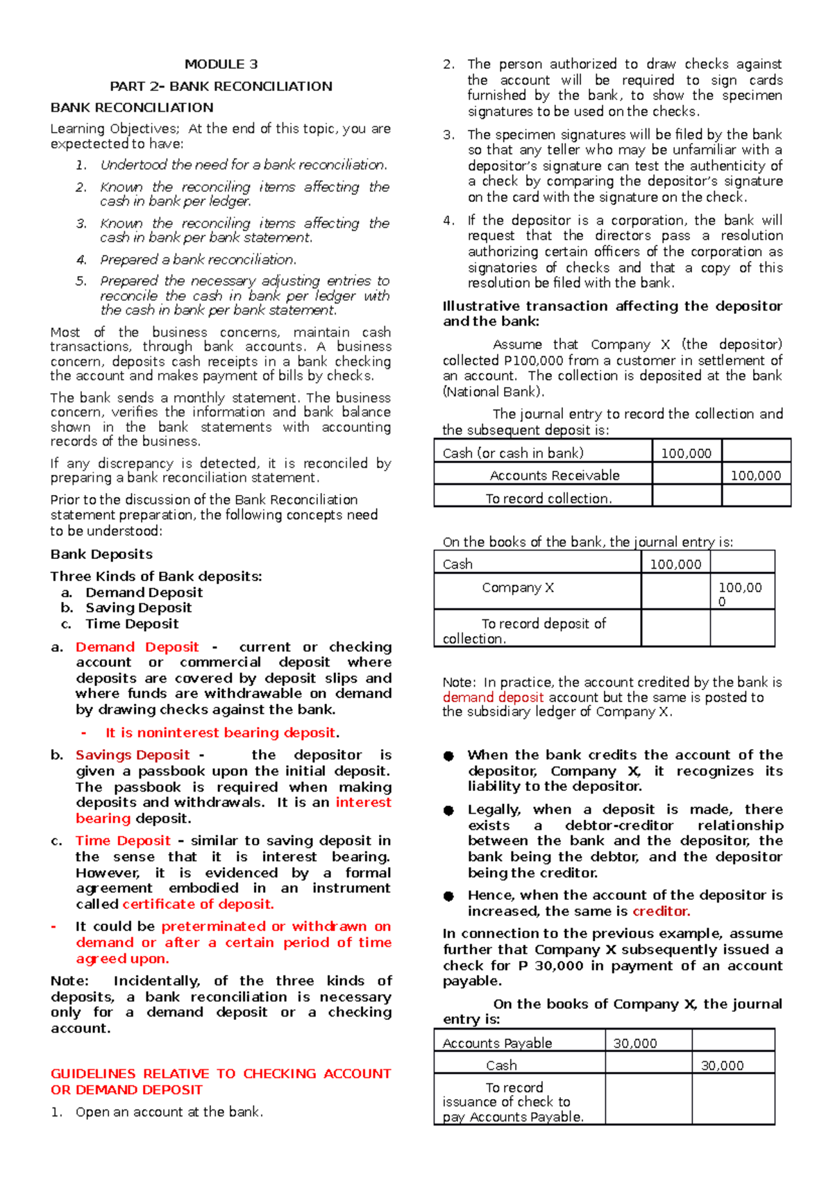 Module 3 -Part 2 Bank Reconciliation - MODULE 3 PART 2– BANK RECONCILIATION BANK RECONCILIATION ...