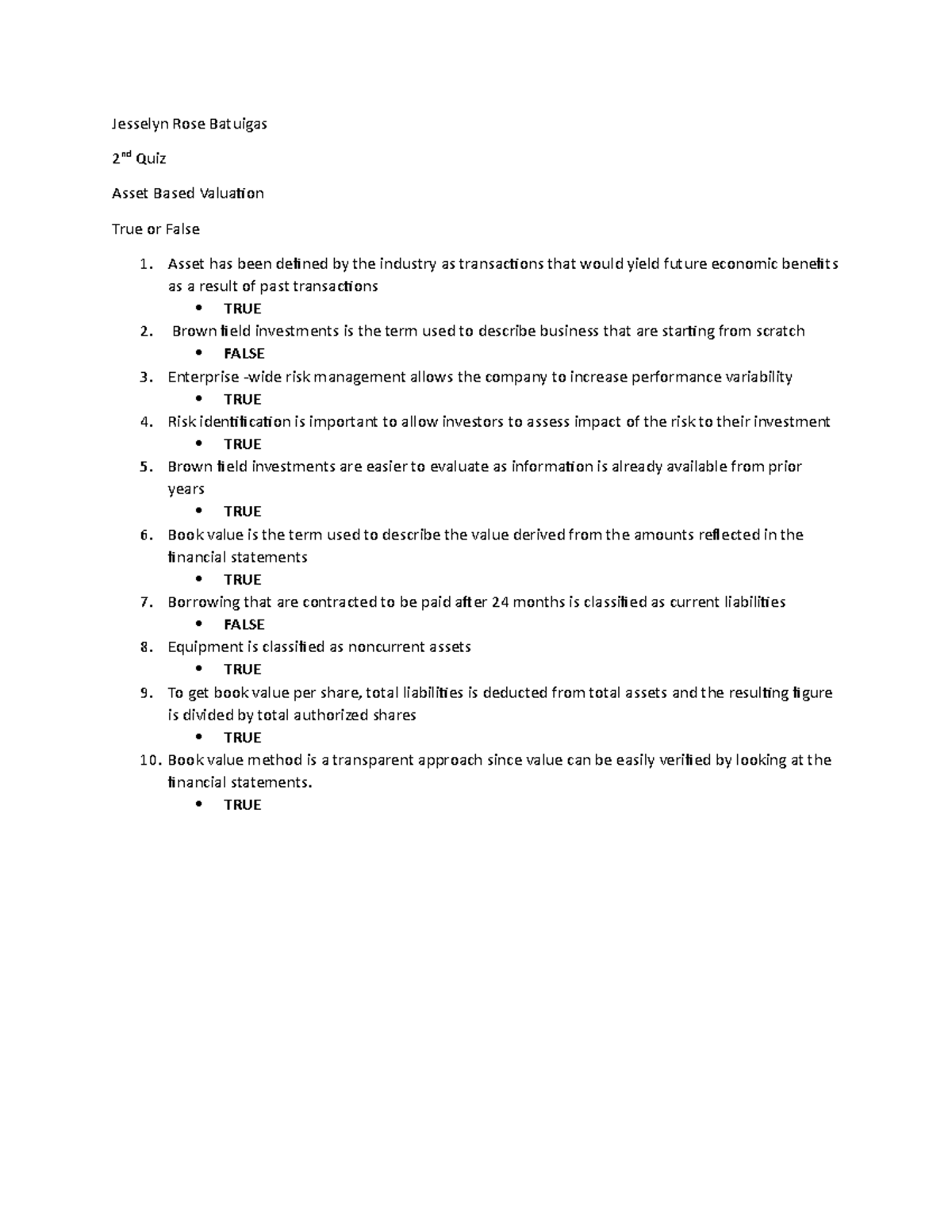 2nd Quiz Asset Based Valuation - Jesselyn Rose Batuigas 2 nd Quiz Asset ...