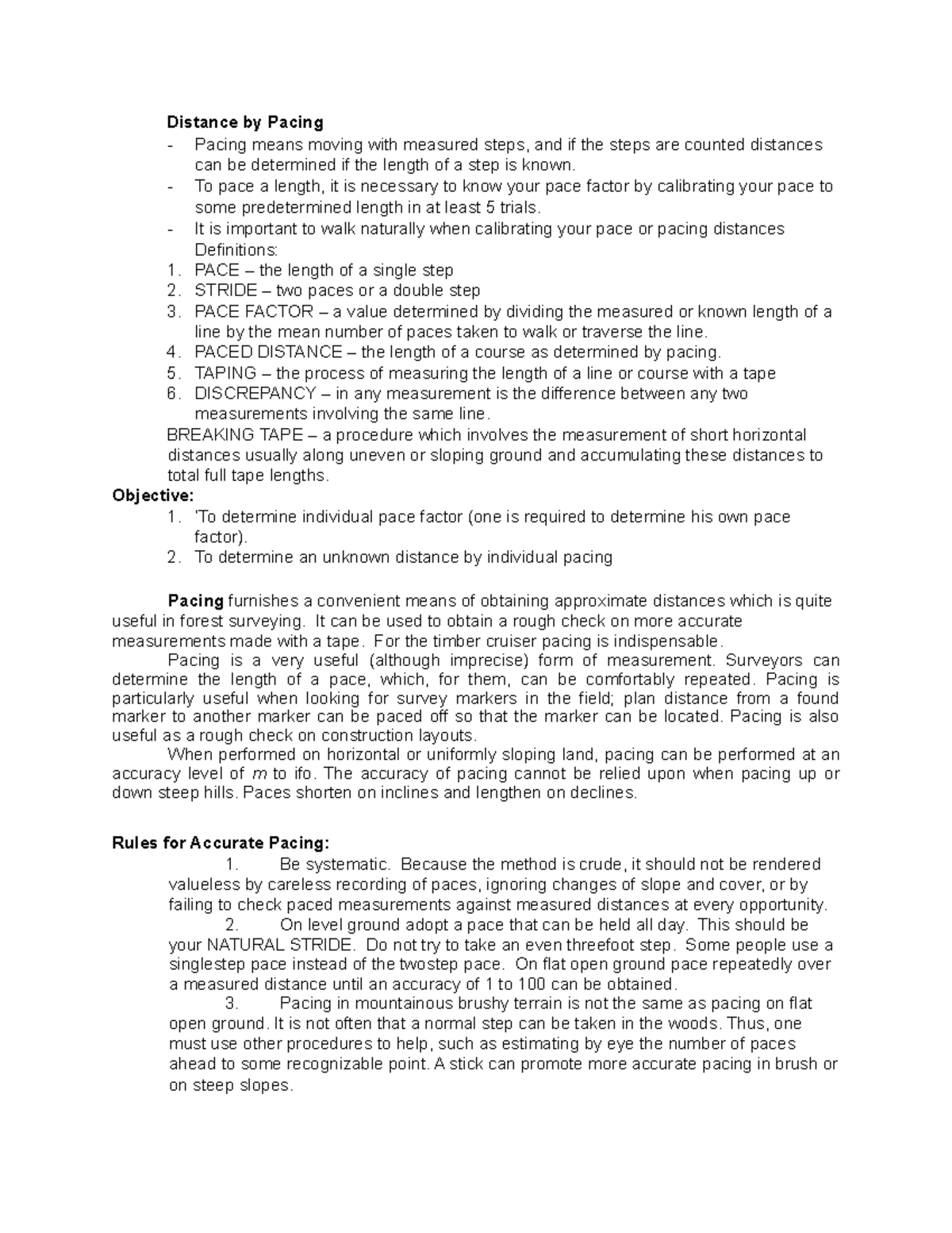 Fundamentals of Surveying - Distance by Pacing Pacing means moving with ...
