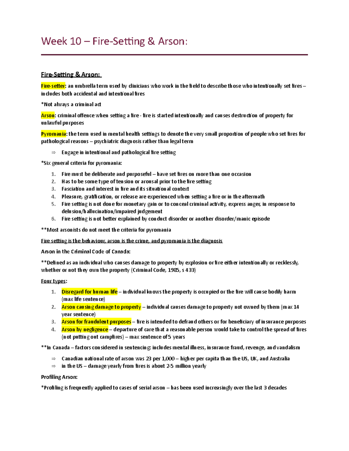 Week 10 notes - Week 10 – Fire-Setting & Arson: Fire-Setting & Arson ...