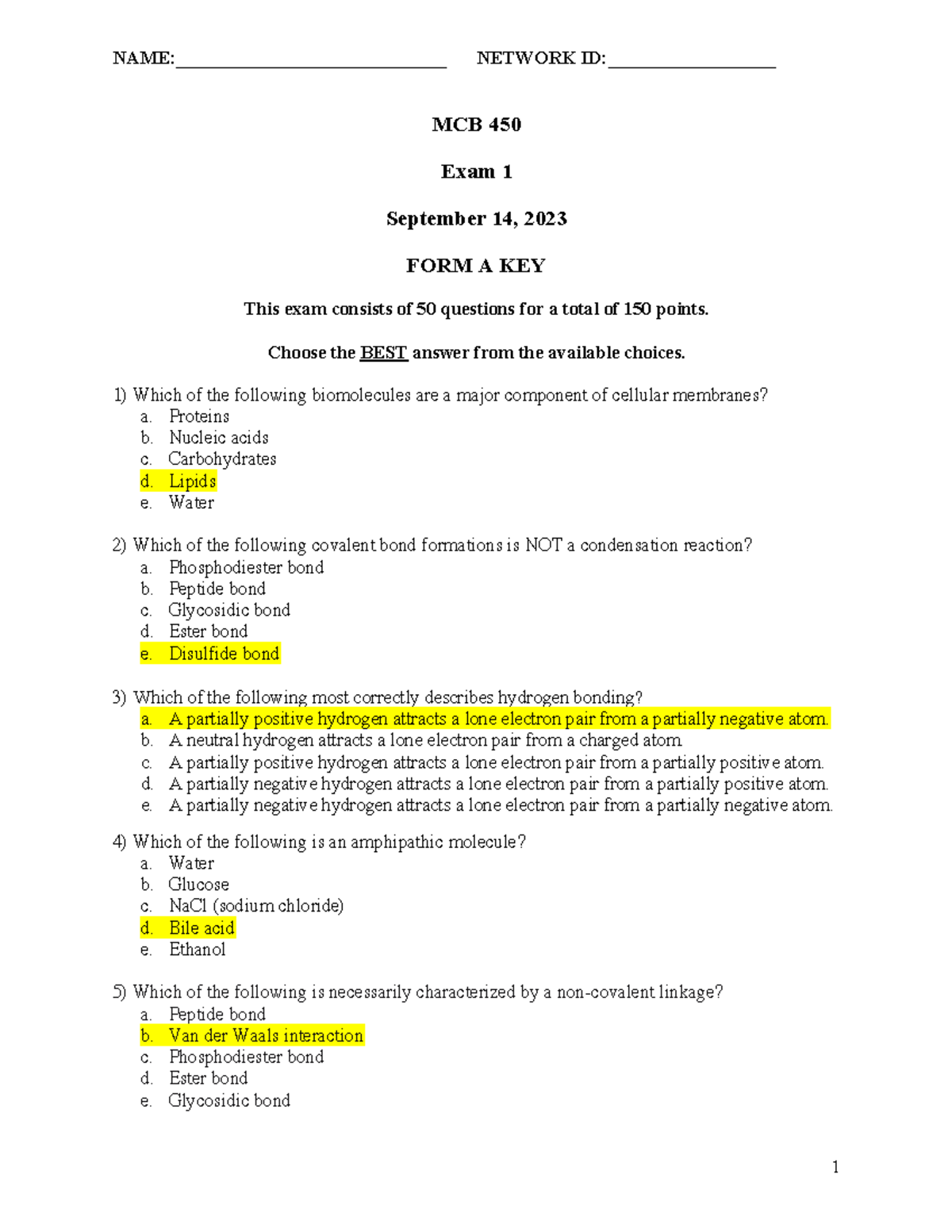 MCB 450 FA23 Exam 1 FORM A KEY - NAME ...