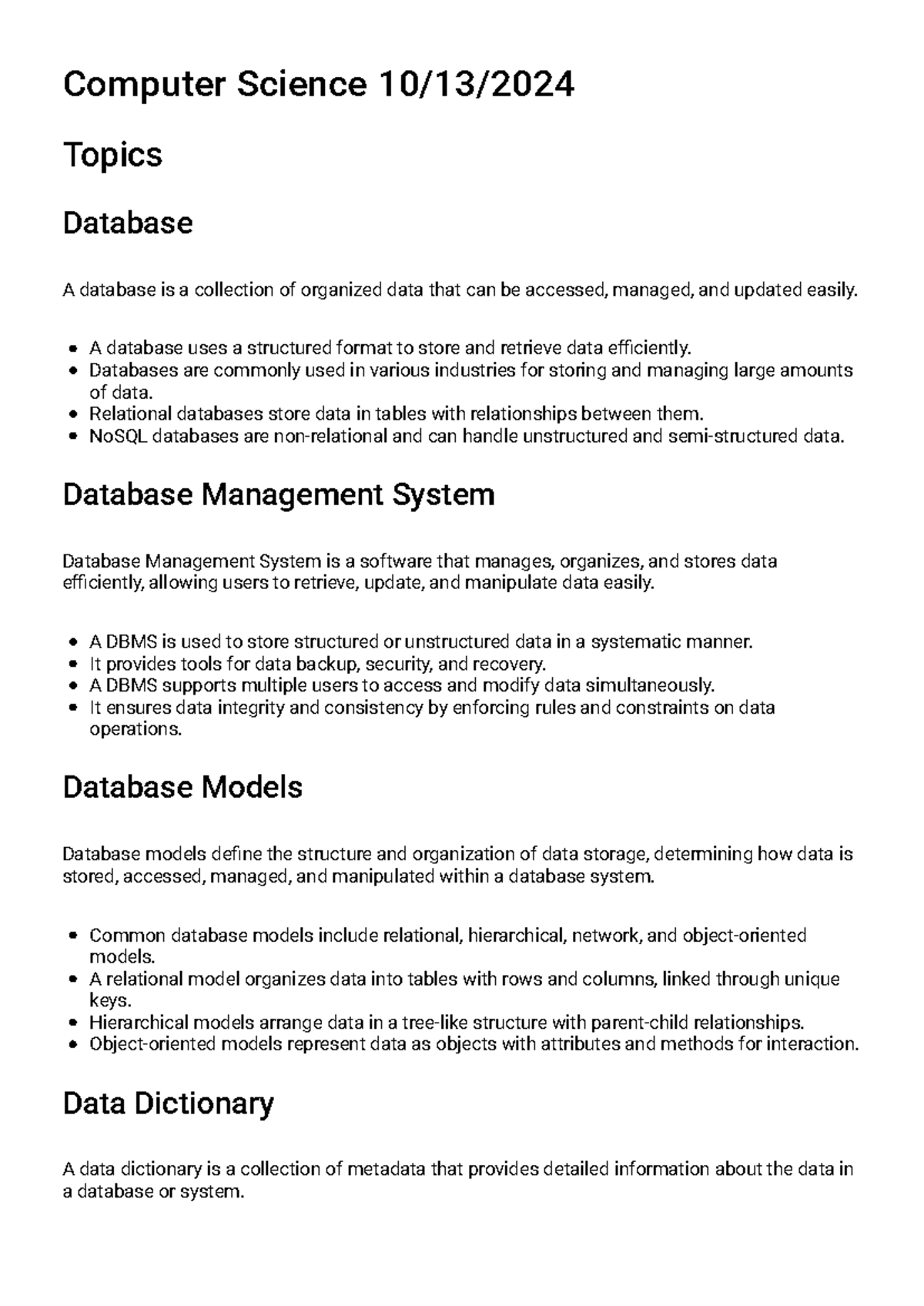 Computer Science 10132024-Study Guide - Computer Science 10/13/ Topics Database A database is a ...