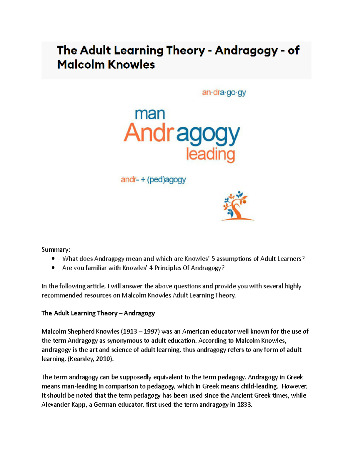 2. Andragogy 5 assumptions and 4 principles - Summary: What does ...