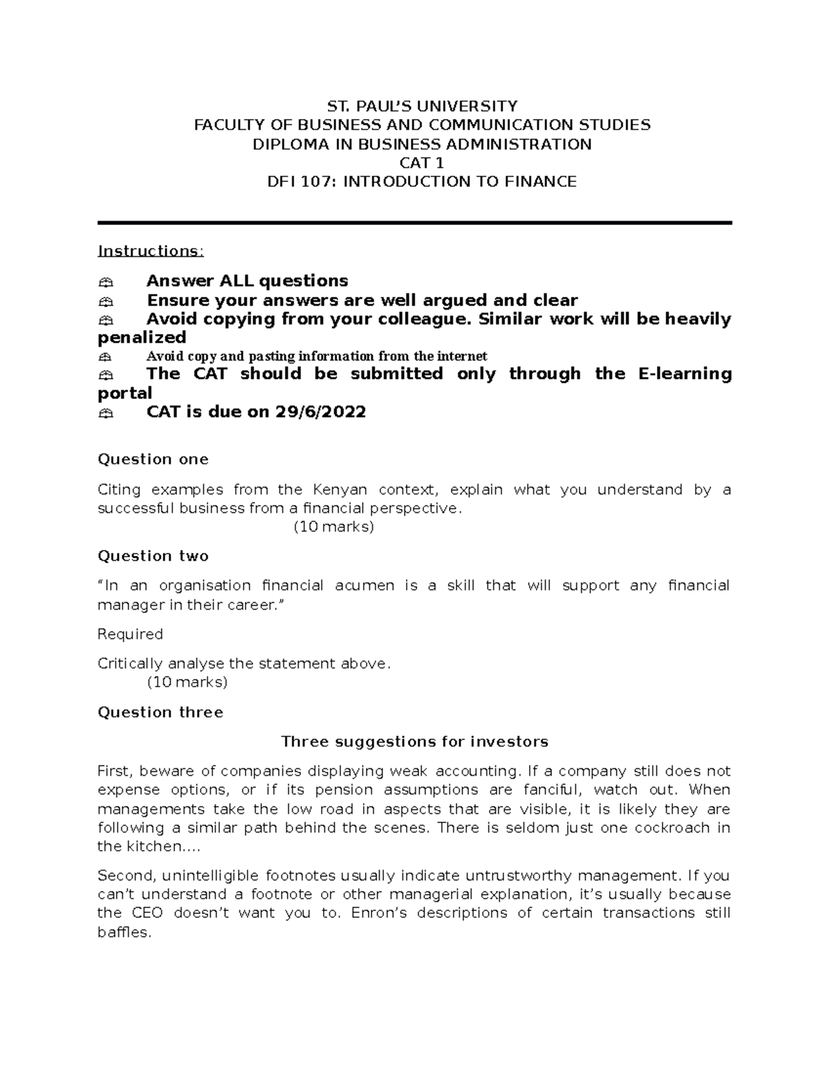DFI107 CAT 1 - QQuantitive techniques assigment and cat to be submitted ...