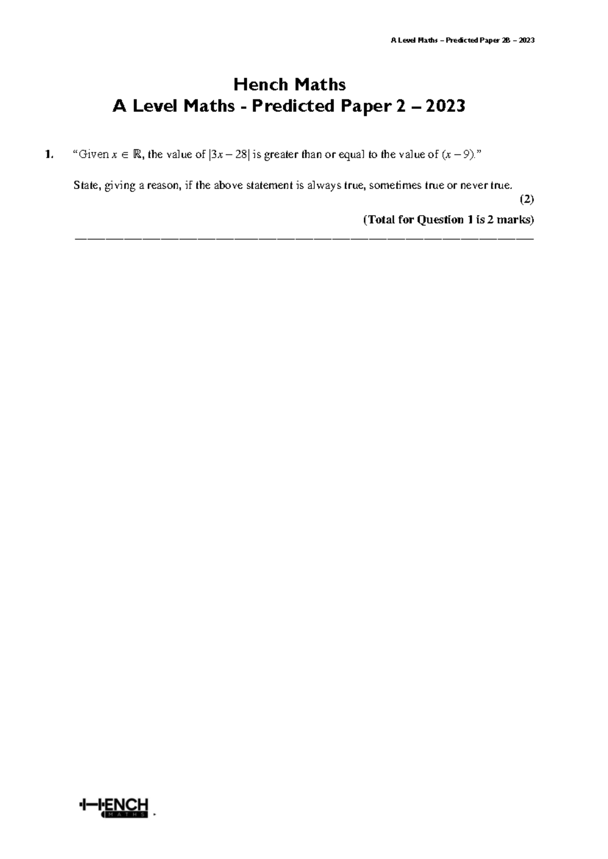 Hench Maths 2023 Predicted Paper 2B Edxcel A level Maths - Hench Maths ...