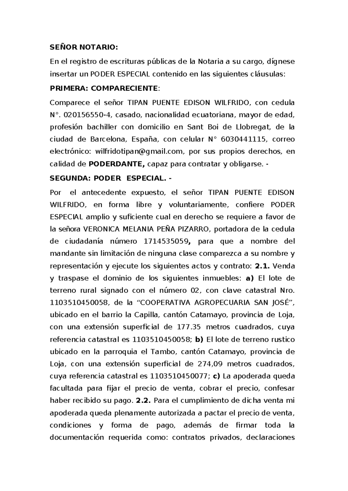 Poder Especial Señor Tipan - SEÑOR NOTARIO: En el registro de ...