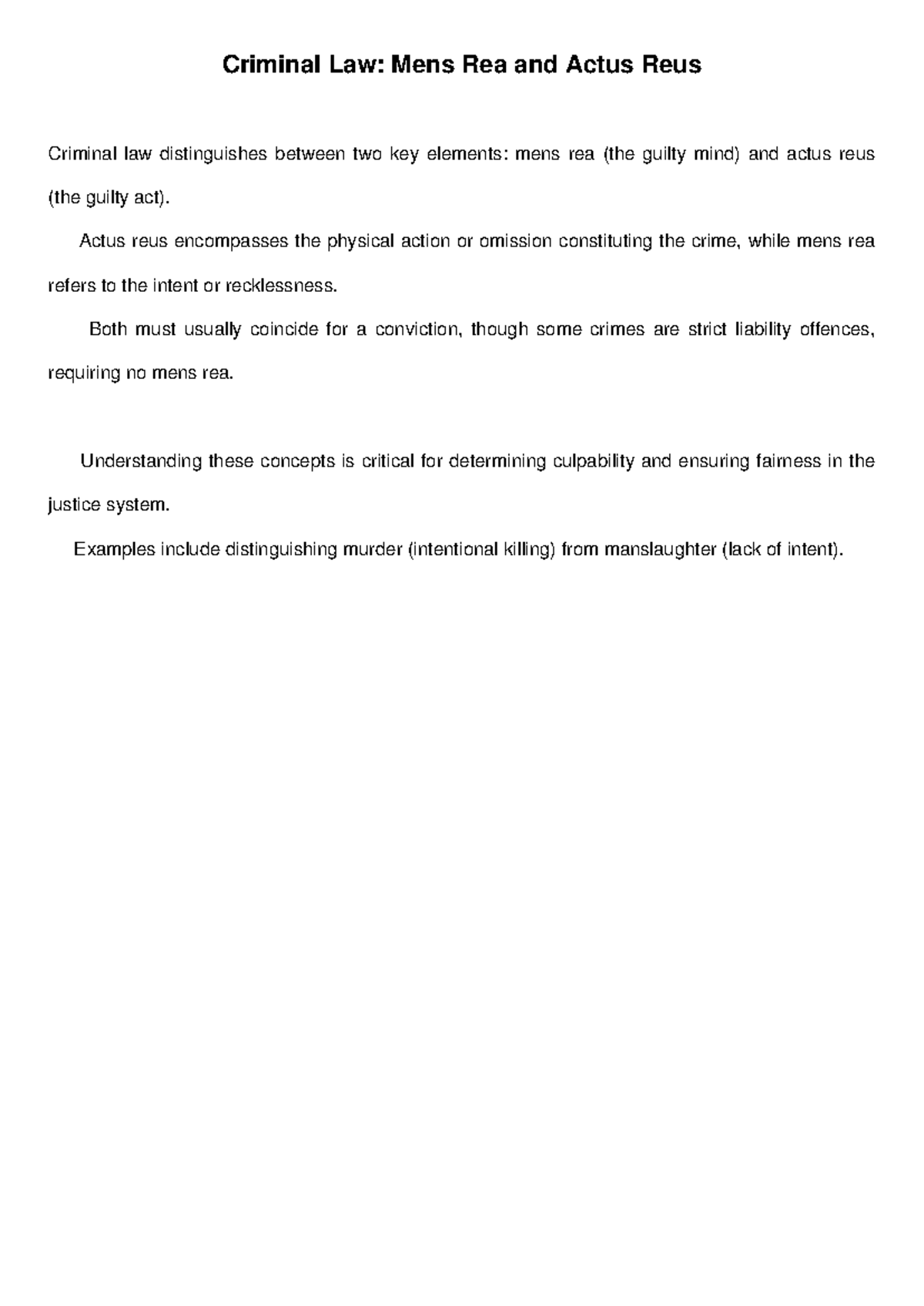 Mens Rea and Actus Reus - law - Criminal Law: Mens Rea and Actus Reus Criminal law distinguishes ...