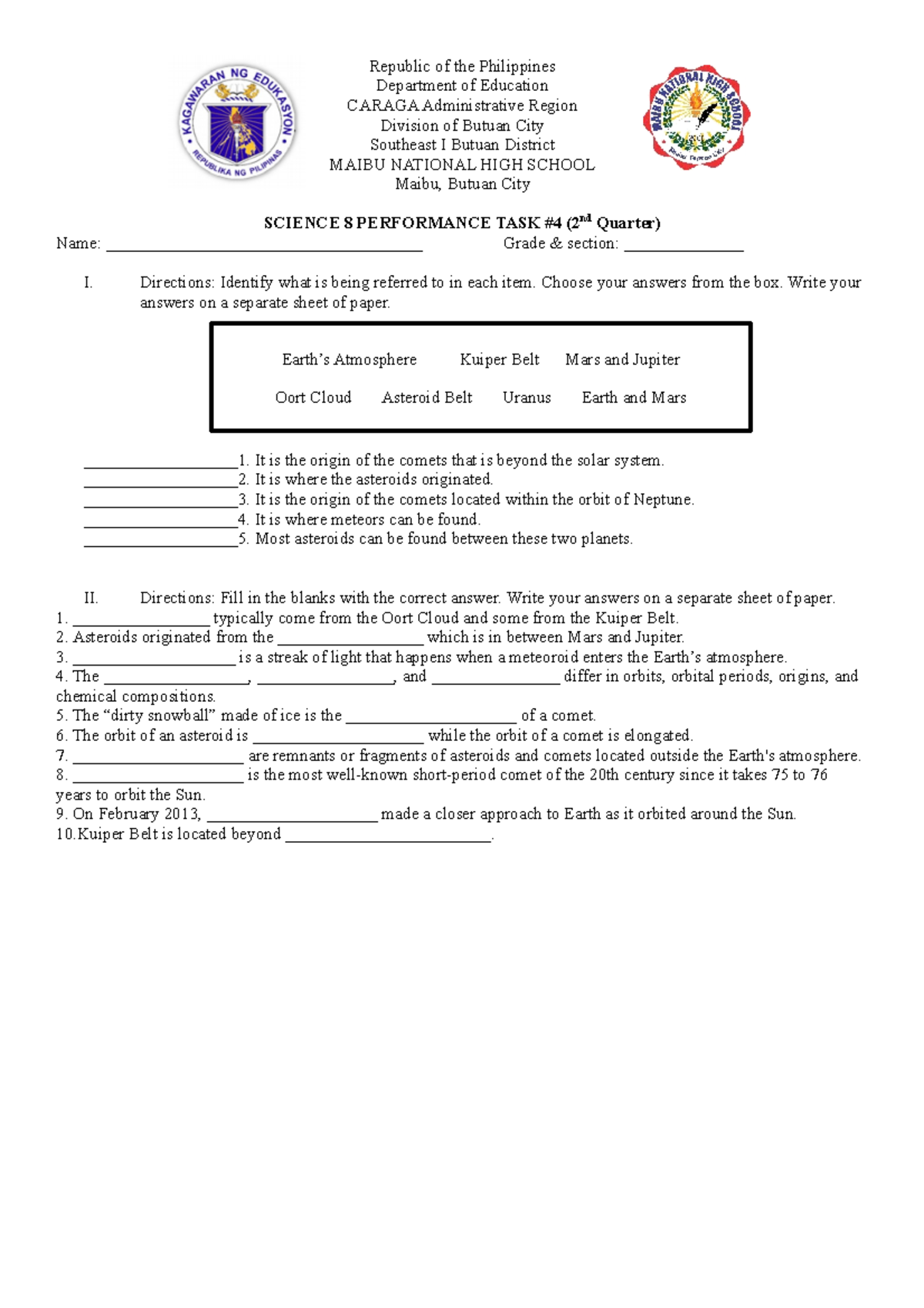 Science 8 Performance Task 4 - Republic of the Philippines Department ...
