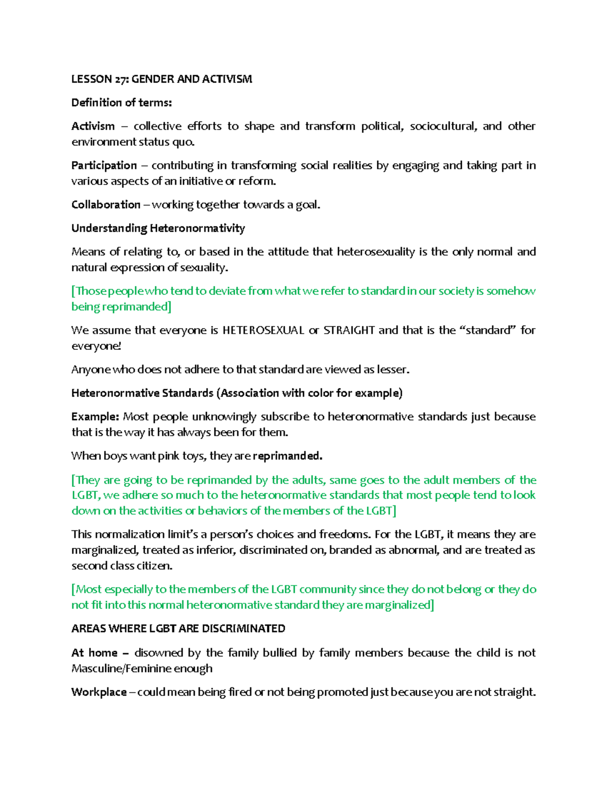 Lesson 27 - LESSON 27: GENDER AND ACTIVISM Definition of terms ...