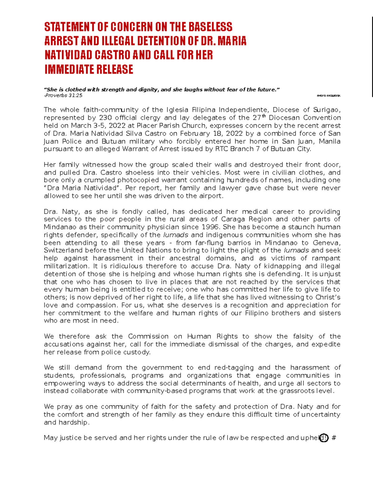 Statement OF Concern Doctor Natividad Castro - “She is clothed with ...