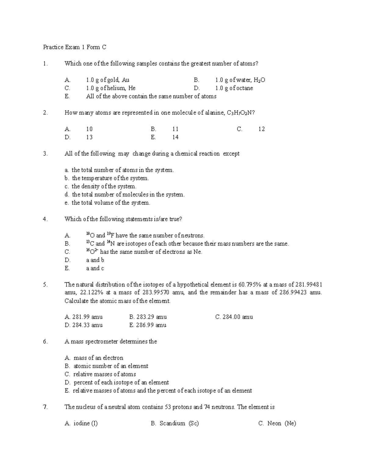 Chem practice test 1c - Practice Exam 1 Form C 1. Which one of the ...