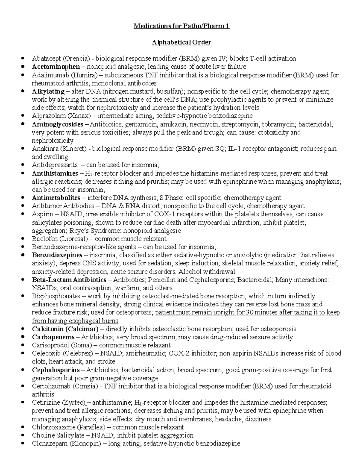 Medications for Patho - Medications for Patho/Pharm 1 Alphabetical ...