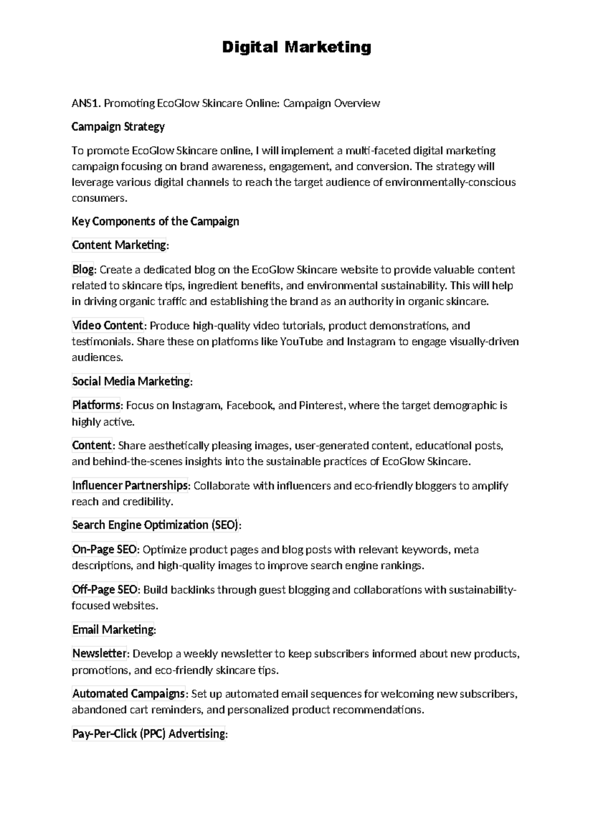 Digital - ANS1. Promoting EcoGlow Skincare Online: Campaign Overview Campaign Strategy To ...