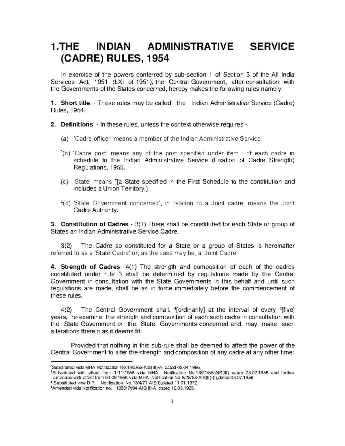 Revised AIS Rule Vol II IAS Rule 01 4 - 1 INDIAN ADMINISTRATIVE SERVICE (CADRE) RULES, 1954 In ...
