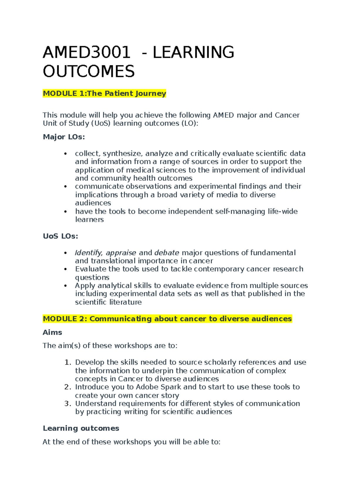 Module Learning Objectives - AMED3001 - LEARNING OUTCOMES MODULE 1:The Patient Journey This ...