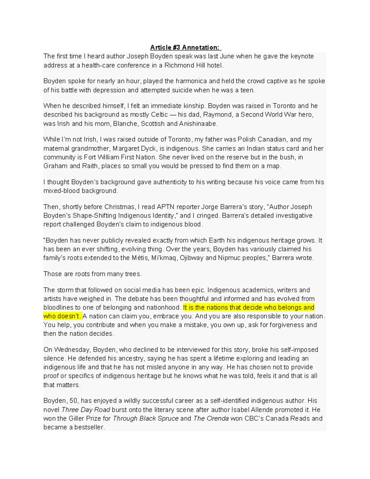 Joseph Boyden Article 3 Annotation Global Issue Extracts - Article #3 ...