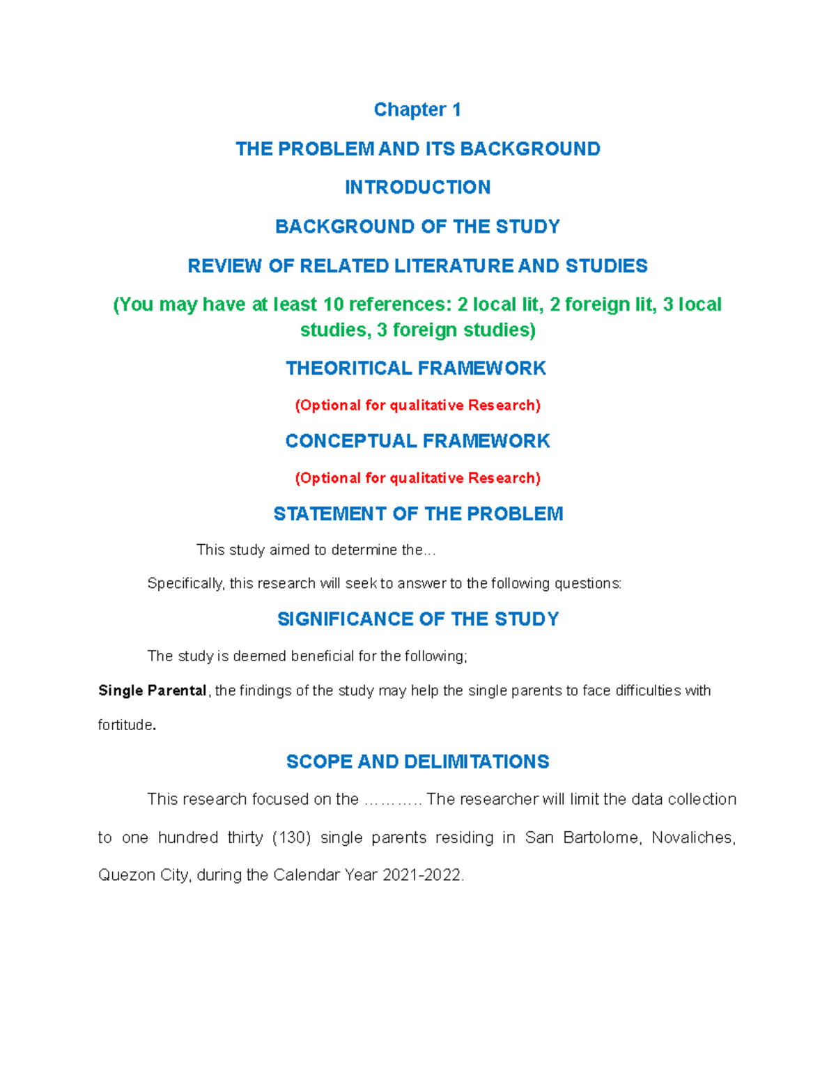 Field Methods Parts OF THE Research - Chapter 1 THE PROBLEM AND ITS ...
