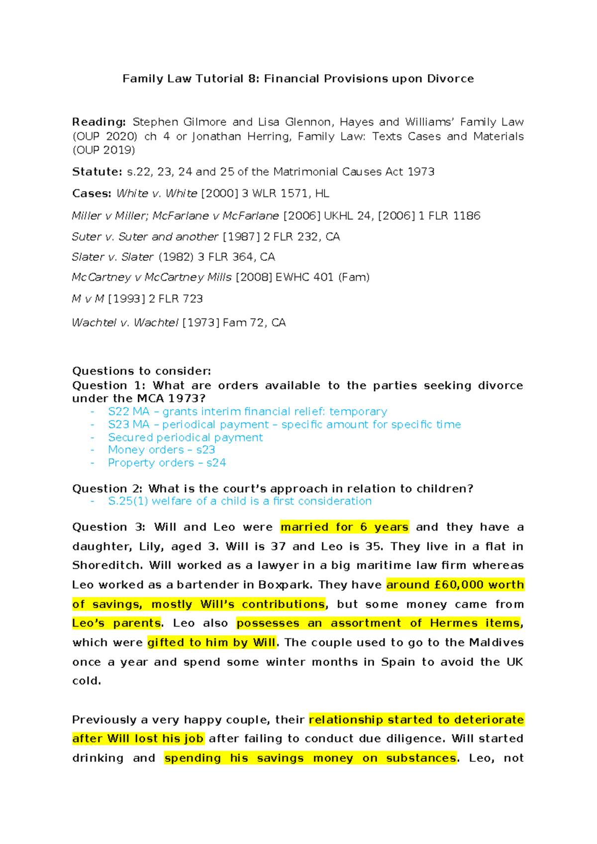 Tutorial 8 - Student Work - Family Law Tutorial 8: Financial Provisions ...