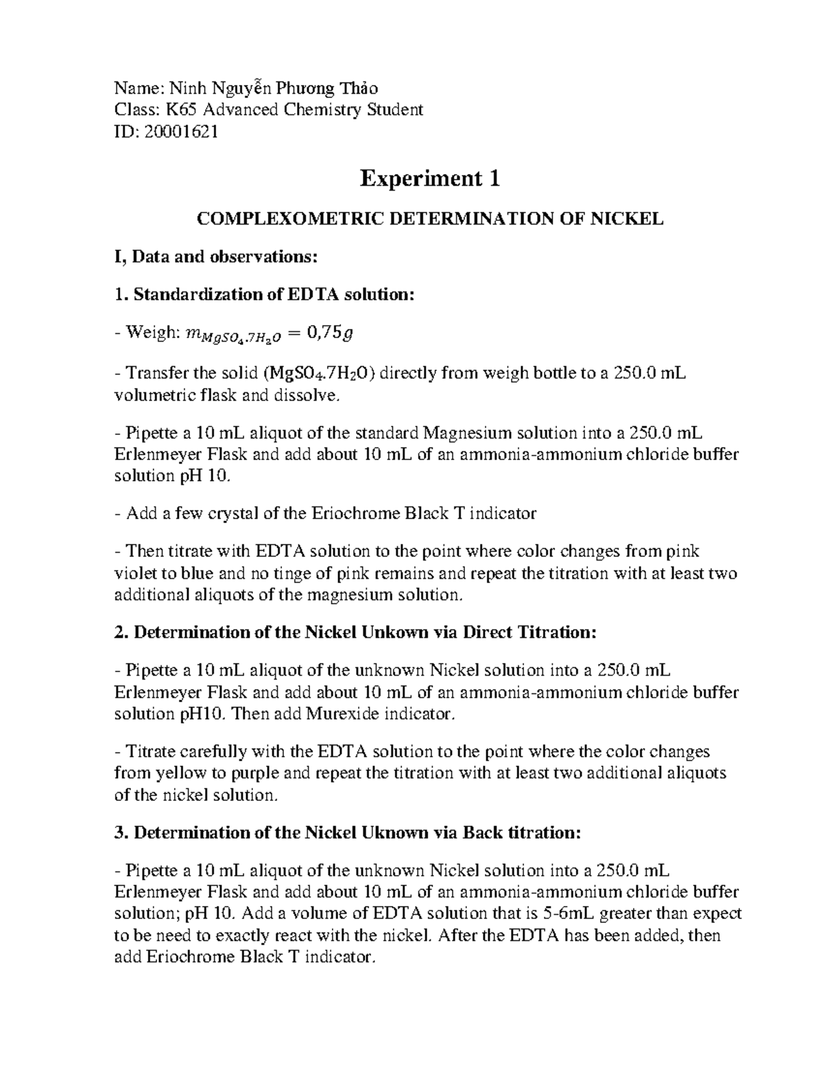 Lab report Exp 1 - Summary Chemistry - Name: Ninh Nguyễn Phương Thảo ...