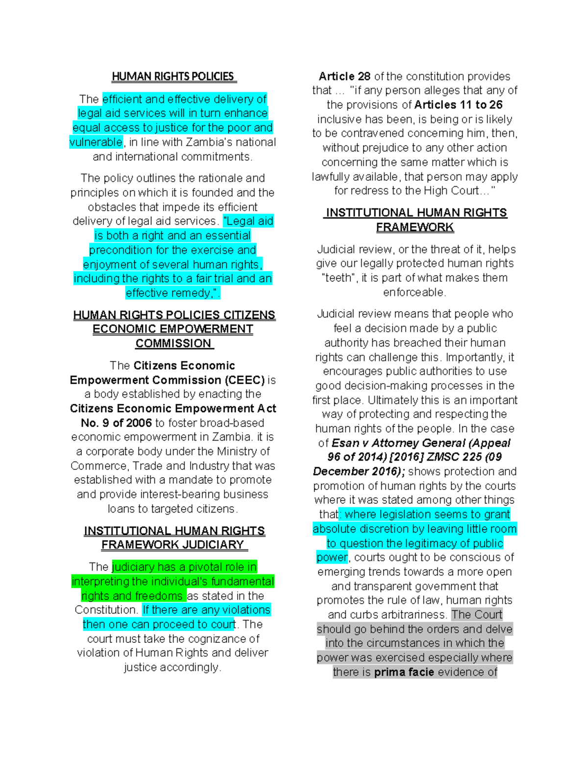 UNIT 5 HR - Summary human rights - HUMAN RIGHTS POLICIES The efficient ...