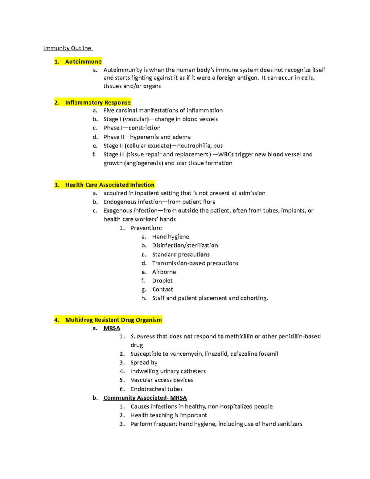 Immunity Outline - Learning Resource - Immunity Outline 1. Autoimmune a ...