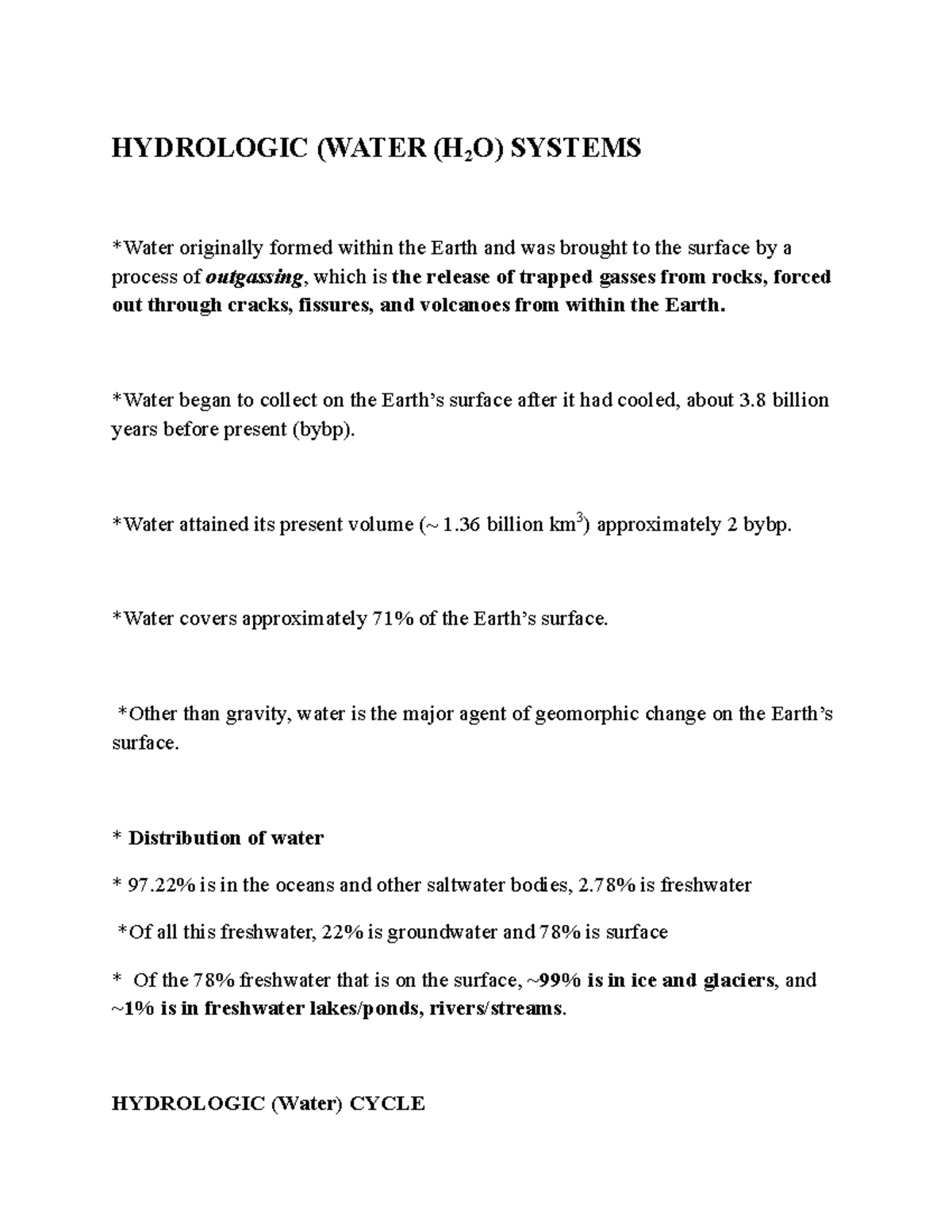 GEOG1111 Lecture 21 - HYDROLOGIC (WATER (H 2 O) SYSTEMS *Water ...