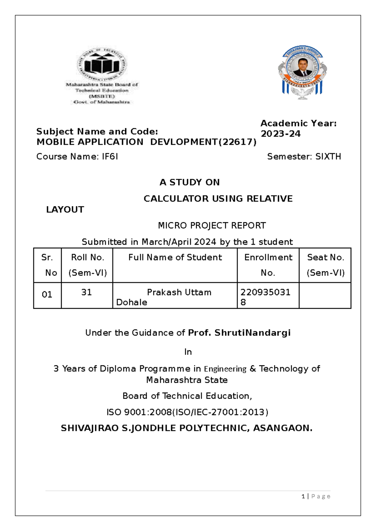 MAD Microproject - Subject Name and Code: MOBILE APPLICATION DEVLOPMENT ...