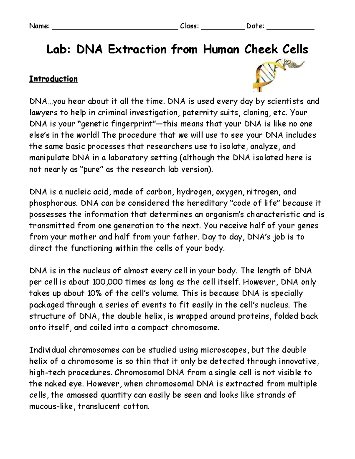 Lab cheek celldna - Notes notes - Lab: DNA Extraction from Human Cheek ...