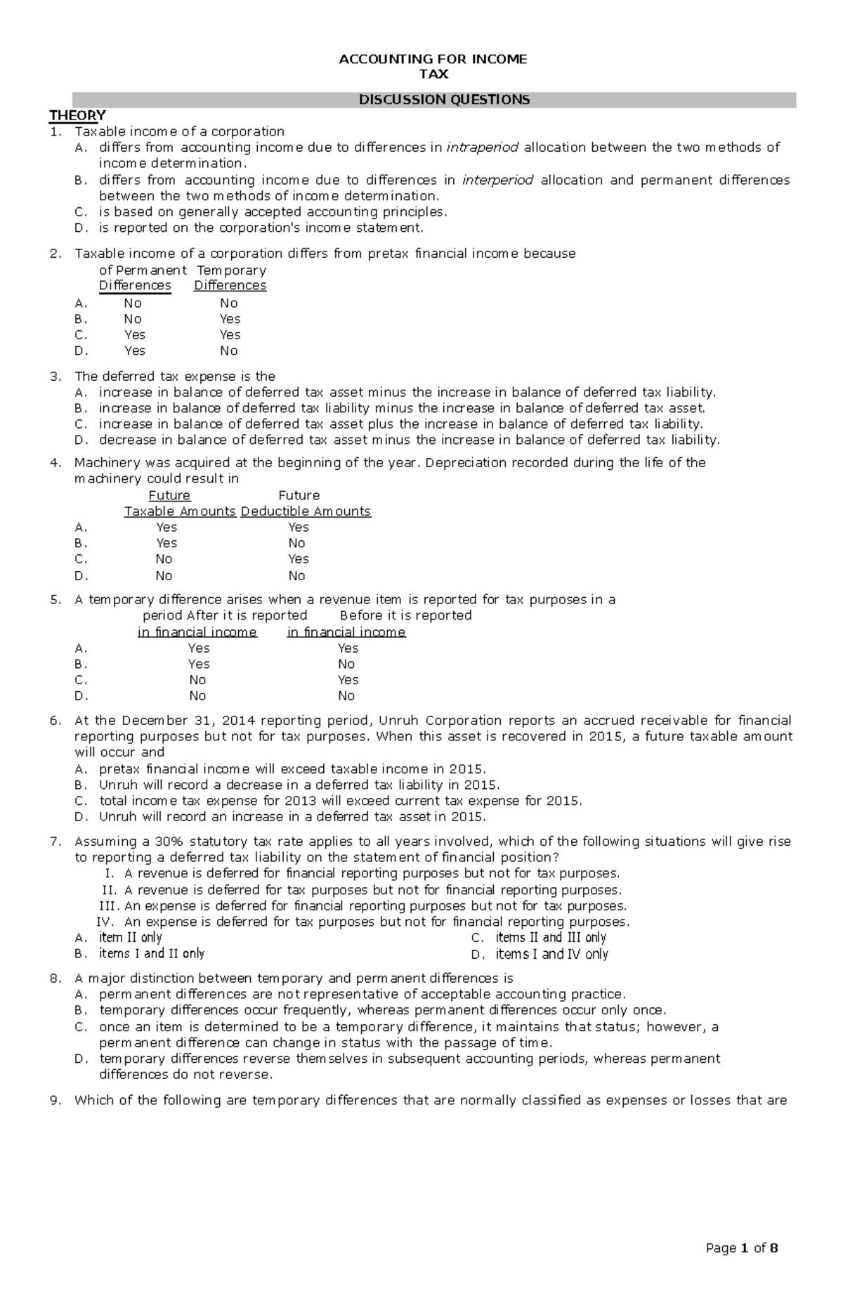 Deferred Income Tax Drills - ACCOUNTING FOR INCOME TAX DISCUSSION ...