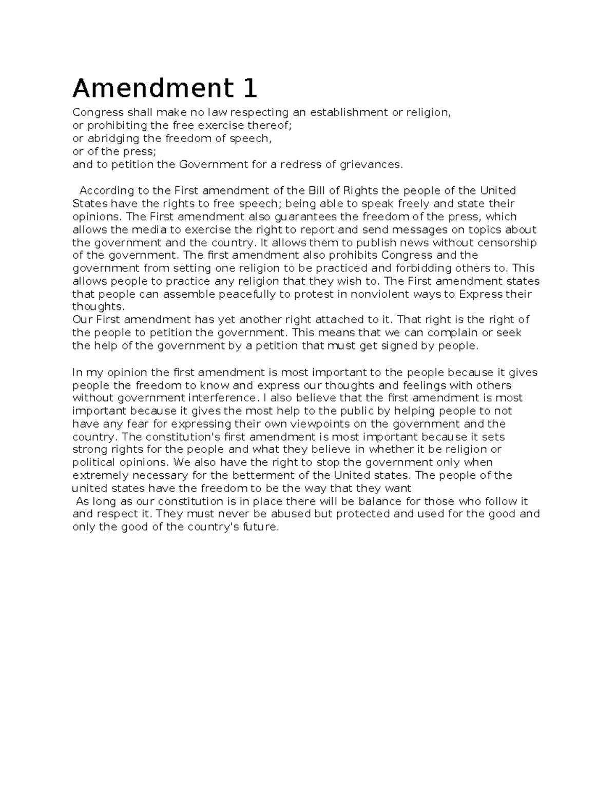 Amendment 1 - Good luck - Amendment 1 Congress shall make no law ...