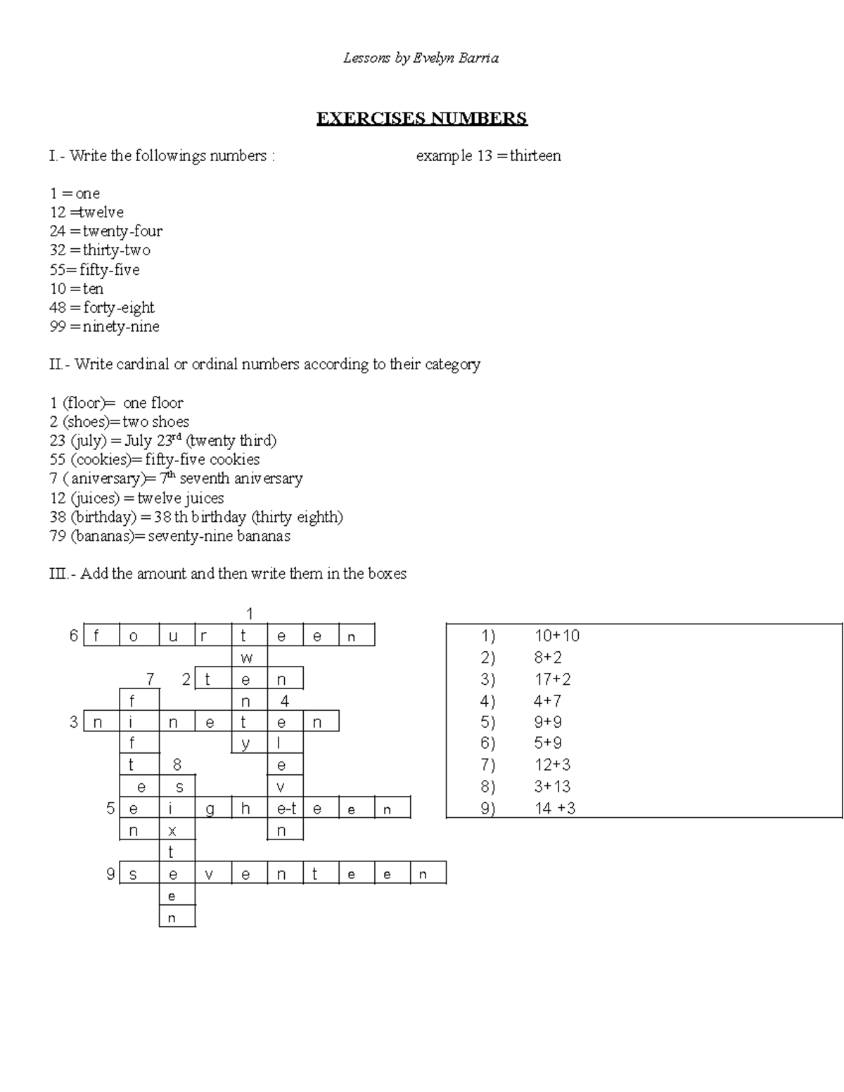 Numbers Exercises - ingles - Lessons by Evelyn Barria EXERCISES NUMBERS ...