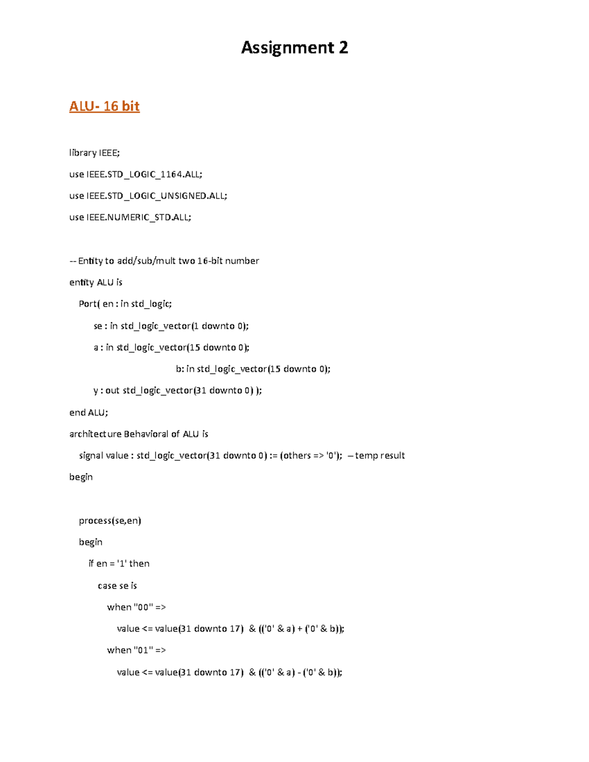 Assignment 2 - Detailed programming solution - Assignment 2 ALU- 16 bit ...