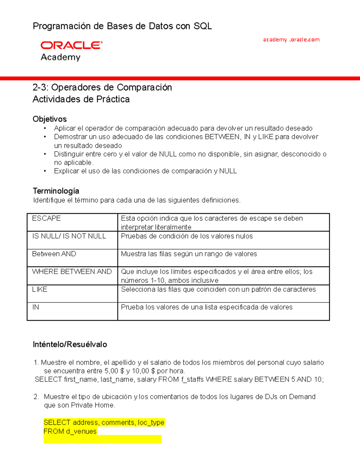 DP 2 3 Practice esp - Programación de Bases de Datos con SQL 2-3: Operadores de Comparación ...