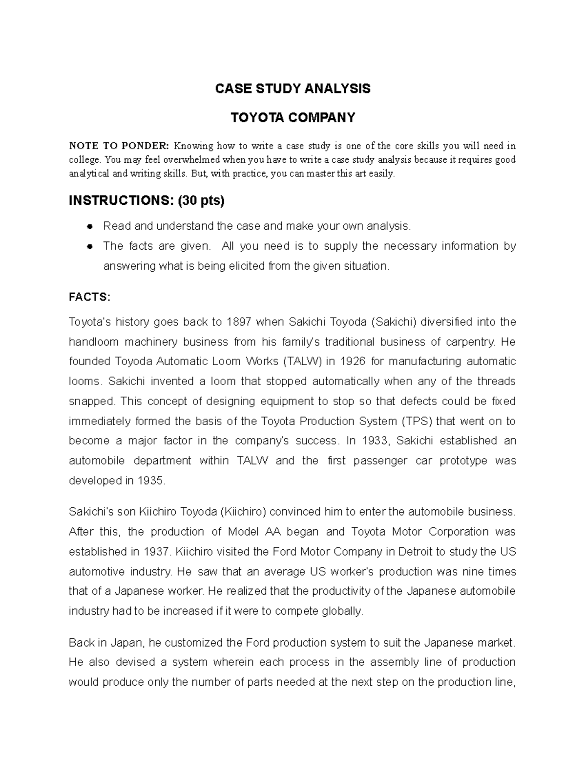 Case Study Analysis Sample - CASE STUDY ANALYSIS TOYOTA COMPANY NOTE TO ...