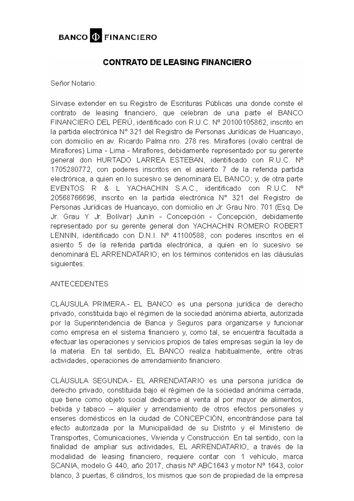 Modelo DE Leasing Financiero - CONTRATO DE LEASING FINANCIERO Señor ...