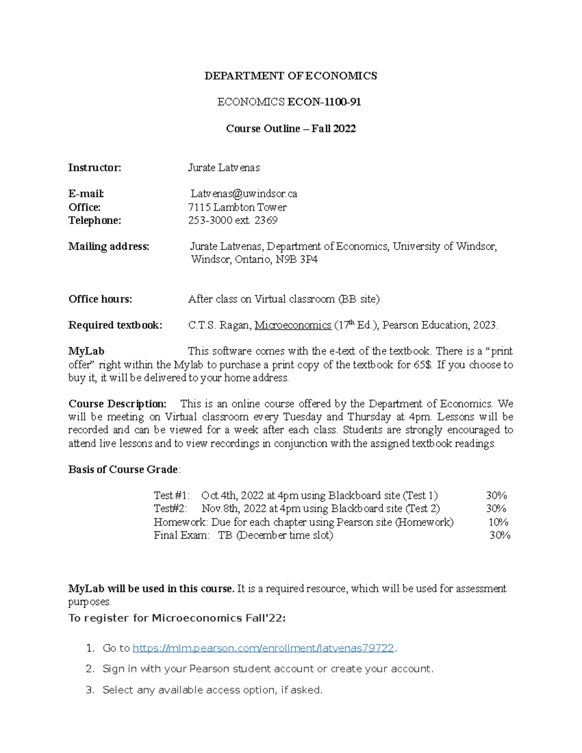 ECON-1100(91) Fall'22 course outline (1) - Copy - DEPARTMENT OF ...