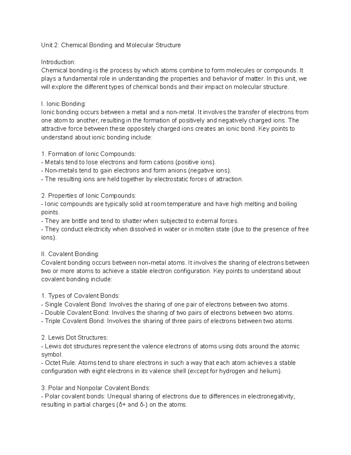 Chem unit 2 - Notes - Unit 2: Chemical Bonding and Molecular Structure ...